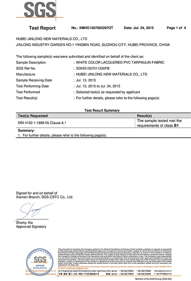 B1 Fire Retardant Test Report Hubei Jinlong New Materials Co Ltd china B1 Fire Retardant Test Report Hubei Jinlong New Materials Co Ltd china